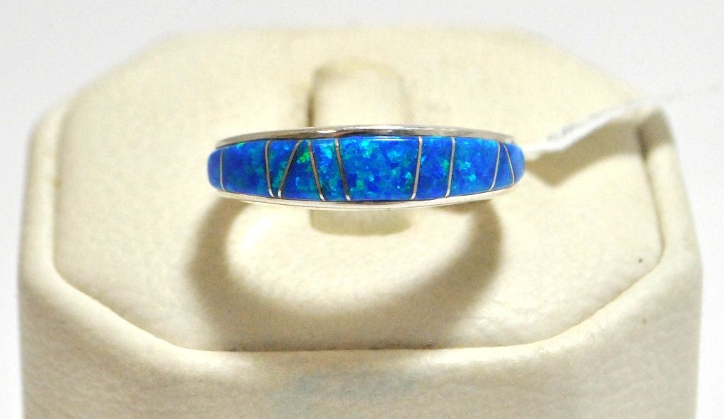 Navajo Ocean Blue Opal Inlay Sterling Silver Women's Ring - Calvin Begay