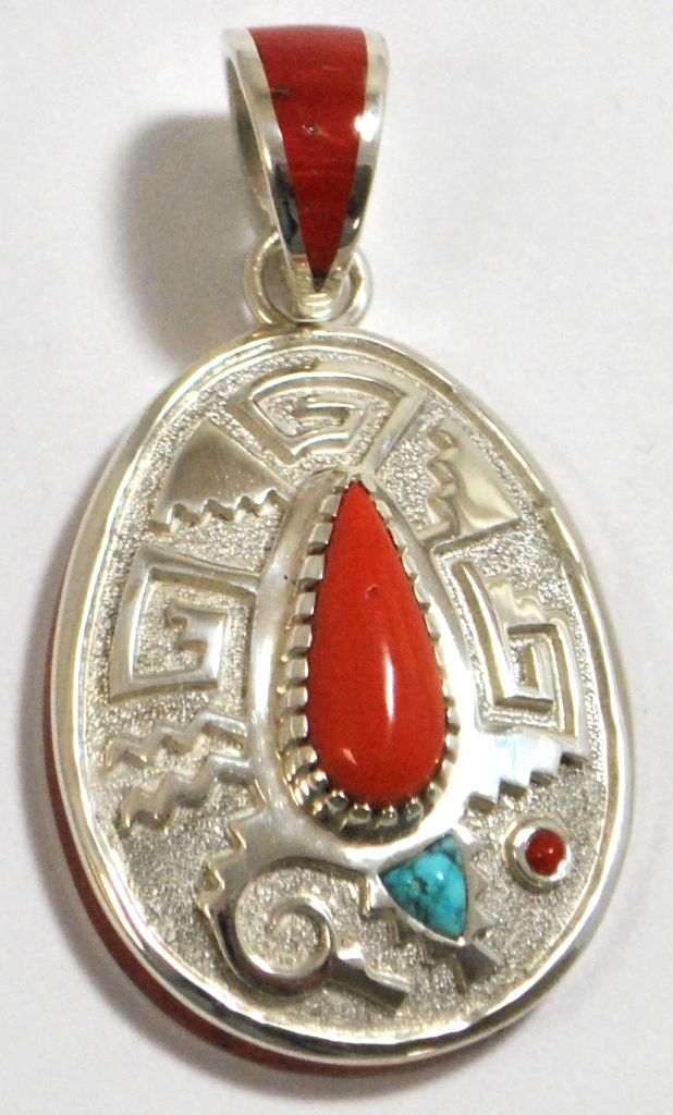 Navajo Coral & Turquoise Sterling Silver Pendant - Michael Perry