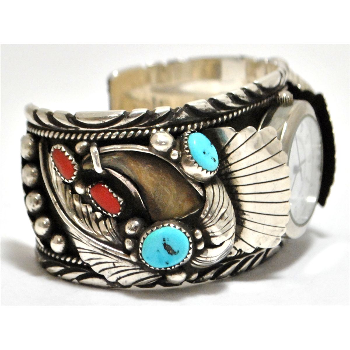 Old Pawn Coral, Turqouise & Bear Claw Sterling Silver Cuff Bracelet Men ...