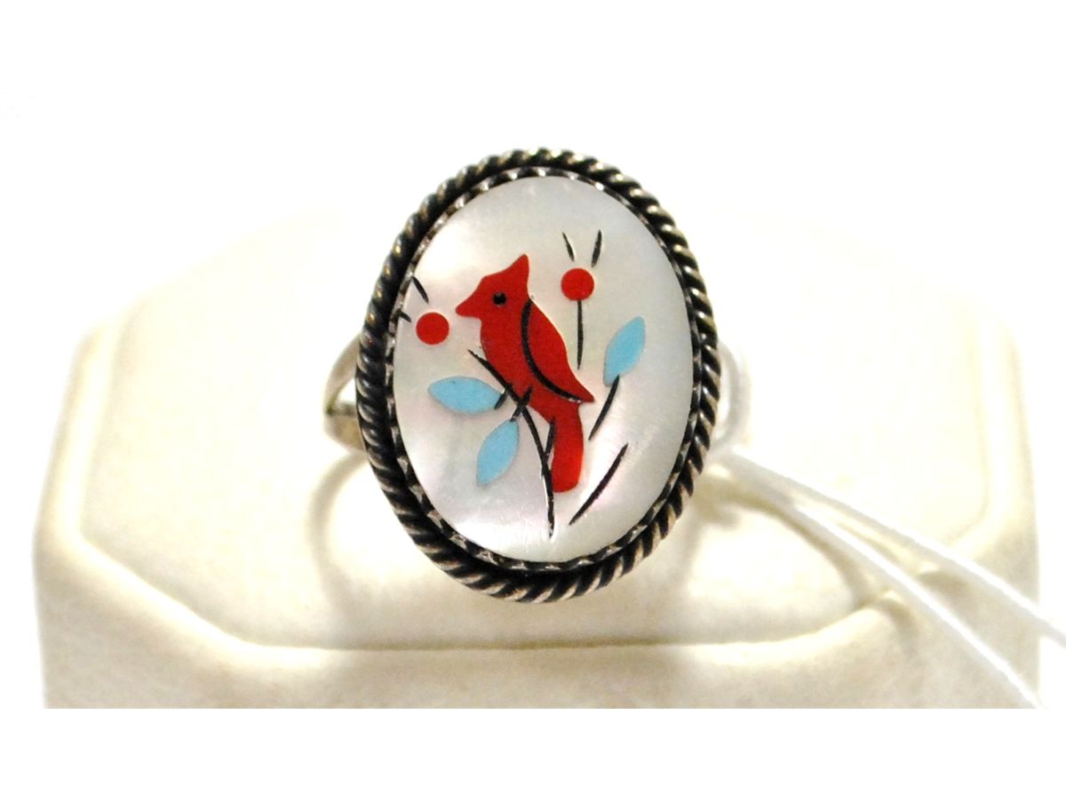 Old Pawn Multi-Stone Inlay Cardinal Sterling Silver Women's Ring