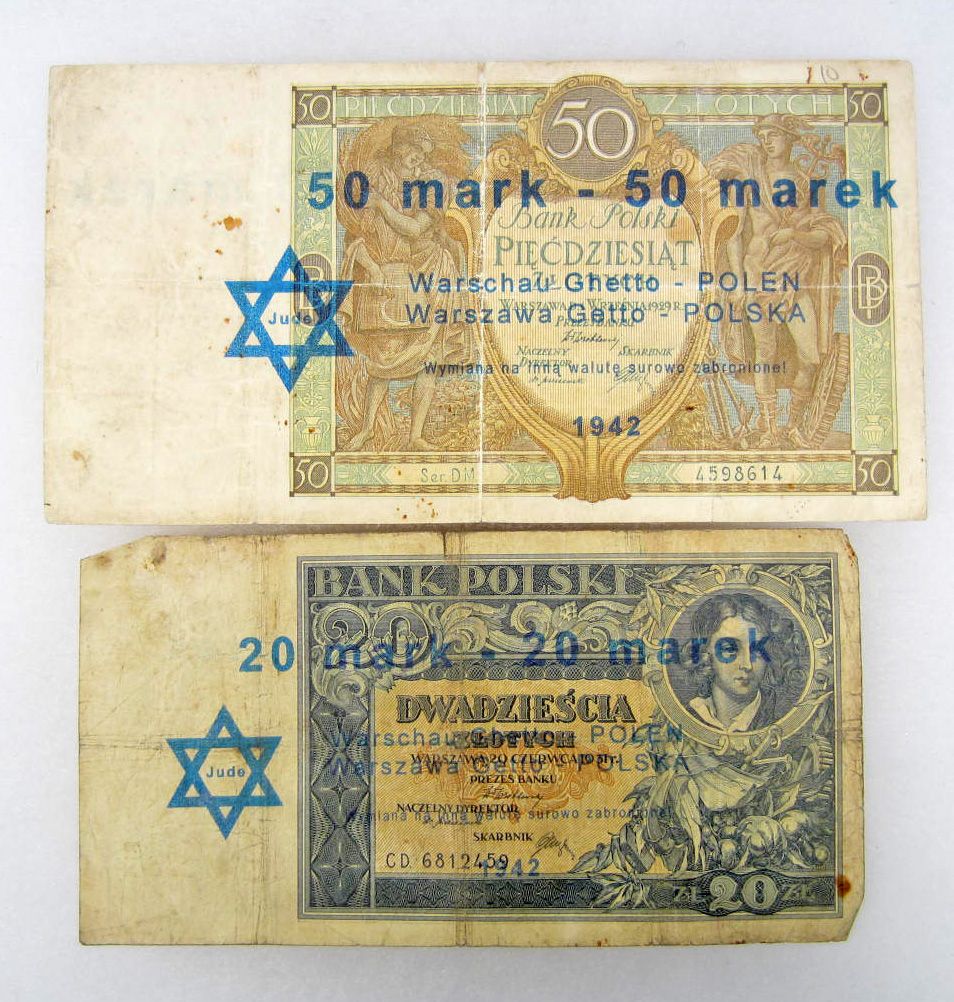 LOT OF 2 GERMAN NAZI HOLOCAUST PAPER MONEY FOR WARSAW POLAND GHETTO