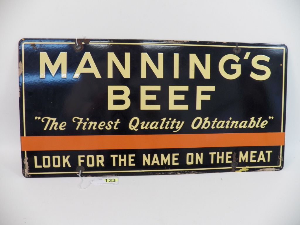 Vintage Porcelain Manning's Beef Sign -- approx 24" x 12"