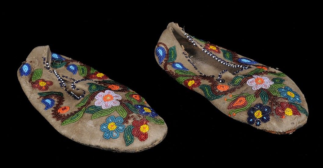 Pair of 19TH C. Metis Beaded Moccasins with Floral Design 11" L. As Is