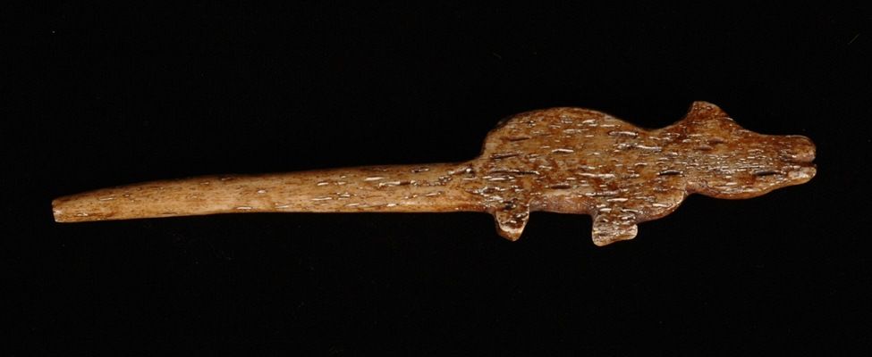 Northwest Coast Carved Whale Bone Figural Button Blanket Pin 5" L. 3/4 ...