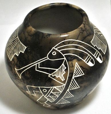 Acoma Pueblo Kokopelli Etched Horsehair Pottery - Gary Yellow Corn Louis