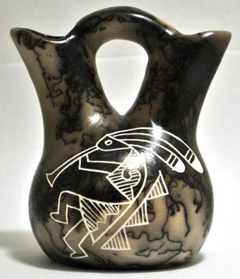 Acoma Pueblo Bear & Kokopelli Etched Horsehair Pottery - Gary Yellow ...