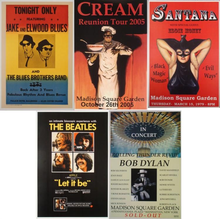 5 Repro Rock Posters- Beatles Cream Santana Bob Dylan