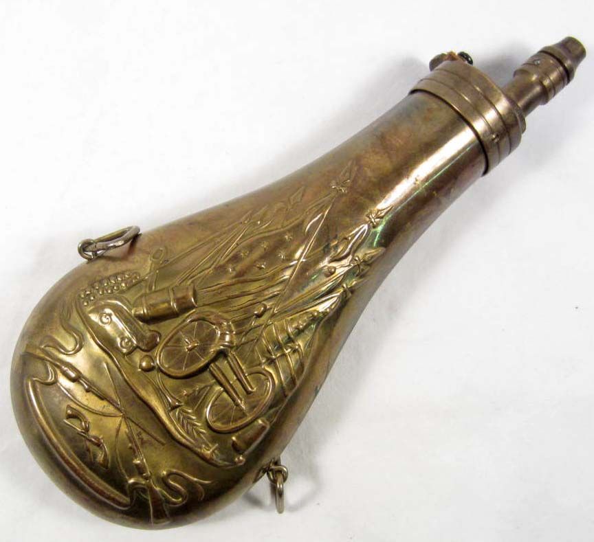 OLD WEST CIVIL WAR ERA GUN POWDER FLASK W/ MILITARY MOTIF