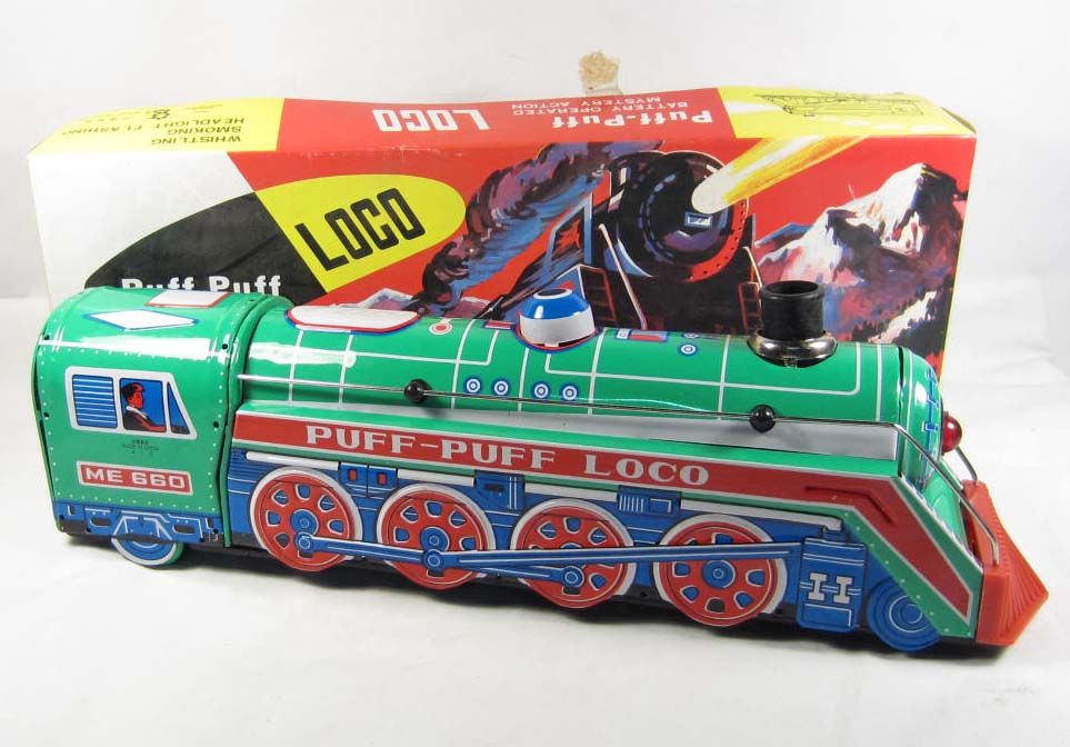 TIN PUFF PUFF LOCO BATTERY OPERATED TRAIN CAR IN ORIGINAL BOX
