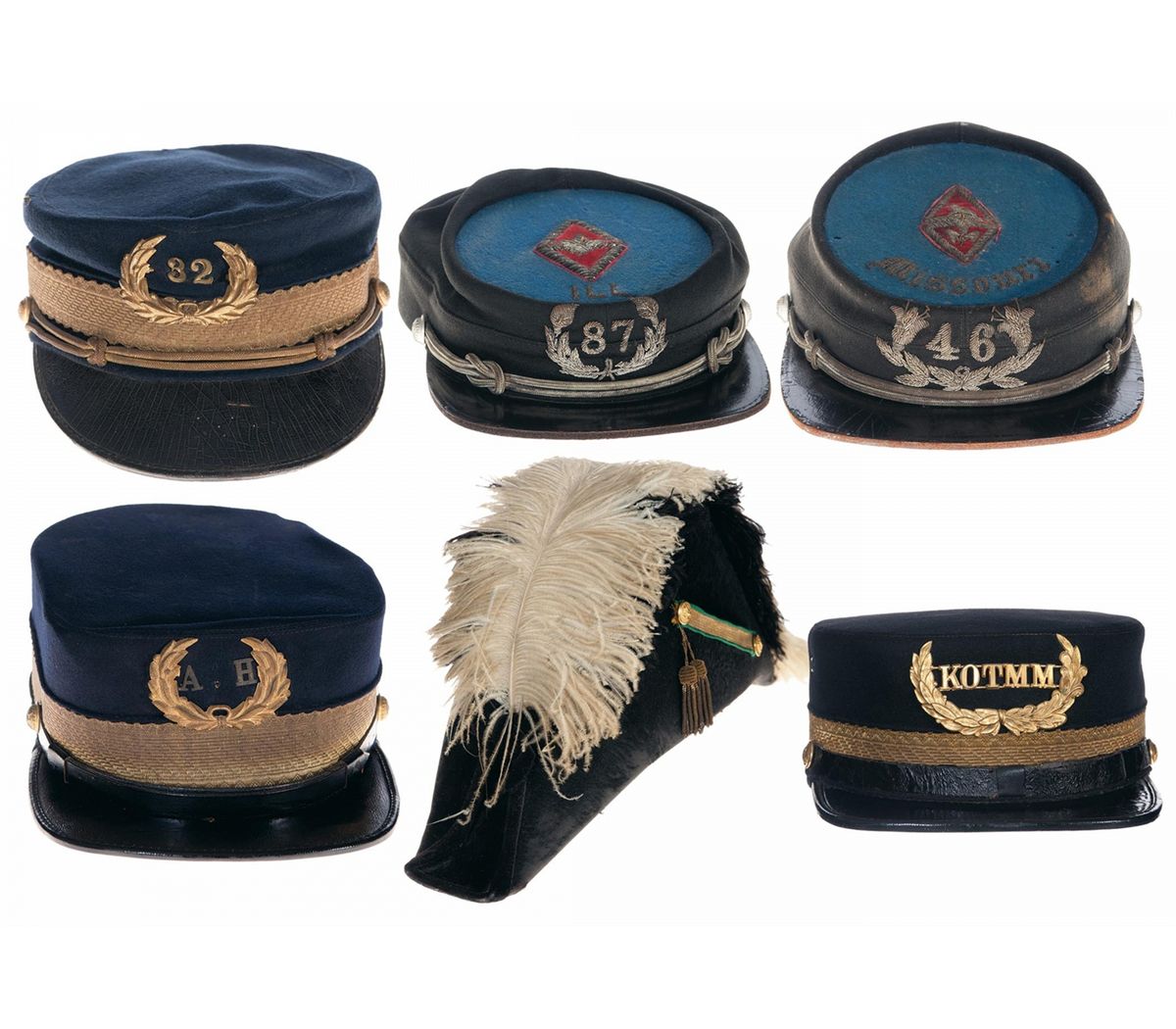 Five Military Kepi’s and a Naval Bicorne Hat