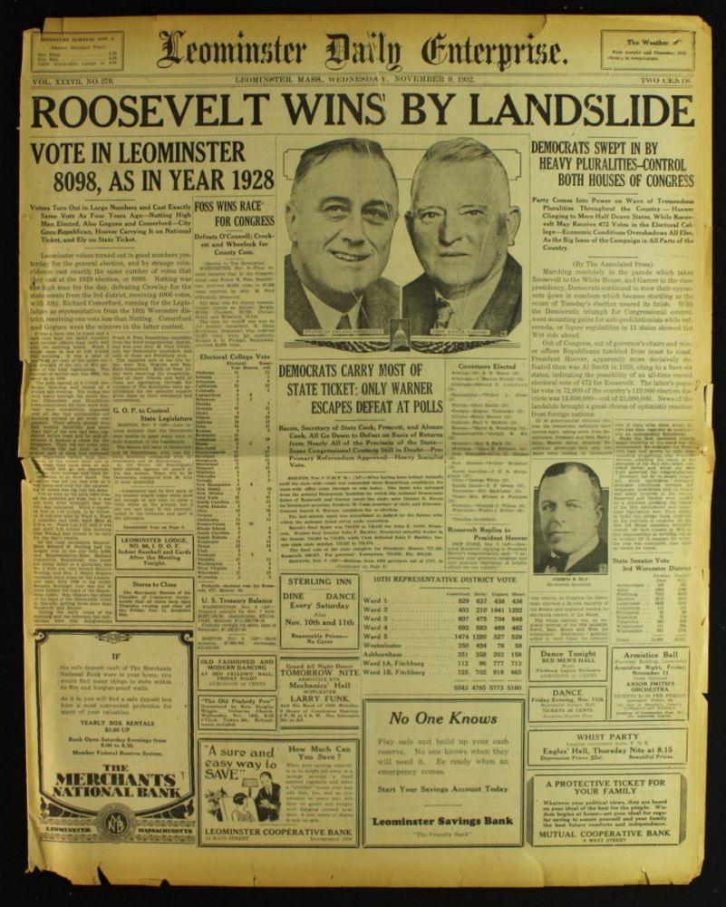 Vintage 1932 Newspaper with Headline "Roosevelt Wins By Landslide"