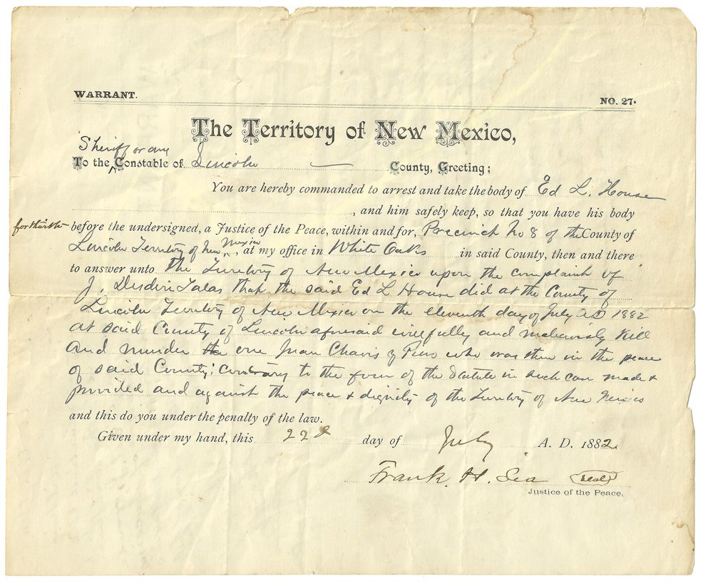 Pat Garrett Signed Arrest Warrant