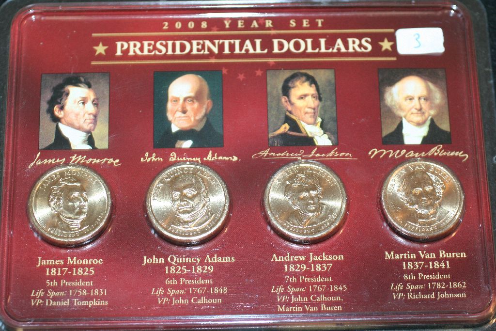 2008 US Presidential $1 Coin Set; James Monroe, John Quincy Adams, Andrew Jackson & Martin Van Buren