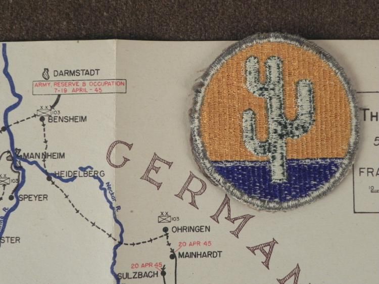 WWII 103RD DIV US ARMY MAP CACTUS ROUTE GERMANY & PATCH