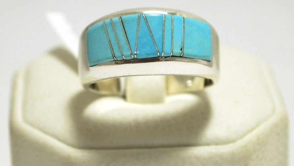 Navajo Turquoise Inlay Sterling Silver Men's Ring - Calvin Begay