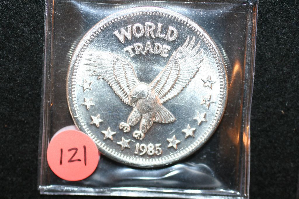 1985 World Trade Unit Silver Round; 999+ Fine Silver 1 Oz.