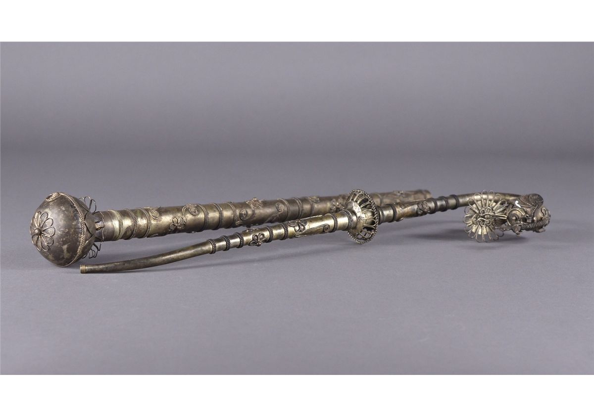 Pair Chinese Silver Opium Dragon & Phoenix Pipes