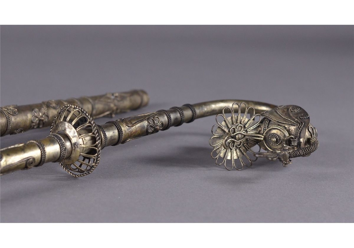 Pair Chinese Silver Opium Dragon & Phoenix Pipes