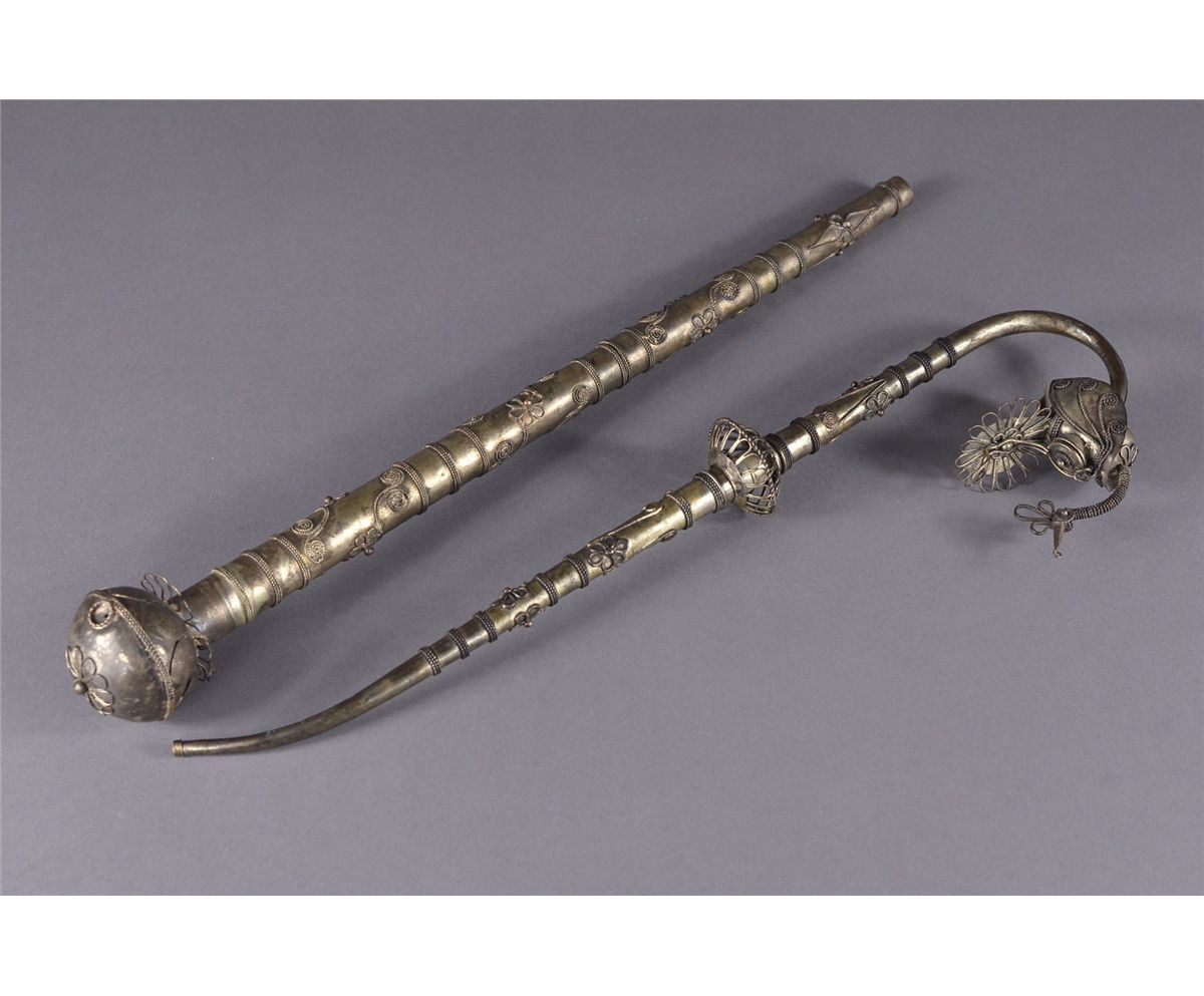 Pair Chinese Silver Opium Dragon & Phoenix Pipes