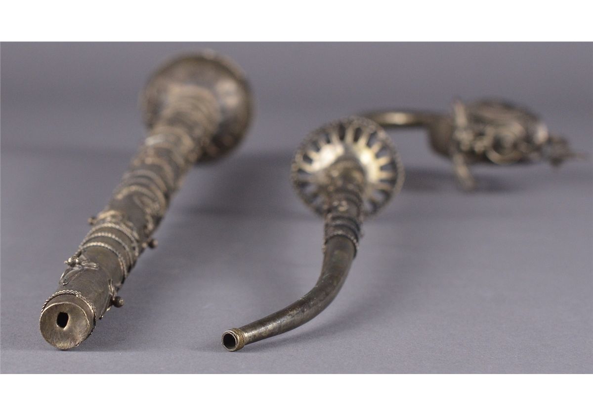 Pair Chinese Silver Opium Dragon & Phoenix Pipes