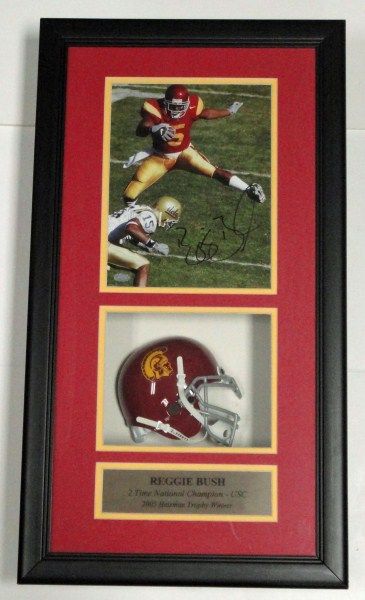 REGGIE BUSH USC Autographed 8x10 with MINI HELMET in shadow box