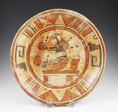 A Large Pre-Columbian Maya Plate, Seated Figure on Bench