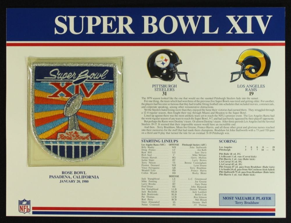 Super Bowl XIV Patch With 12x9 Scorecard: Steelers vs. Rams