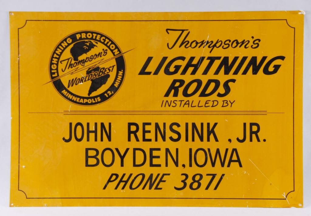 "Thompson's Lightning Rods" Metal Advertising SignYellow with black ...