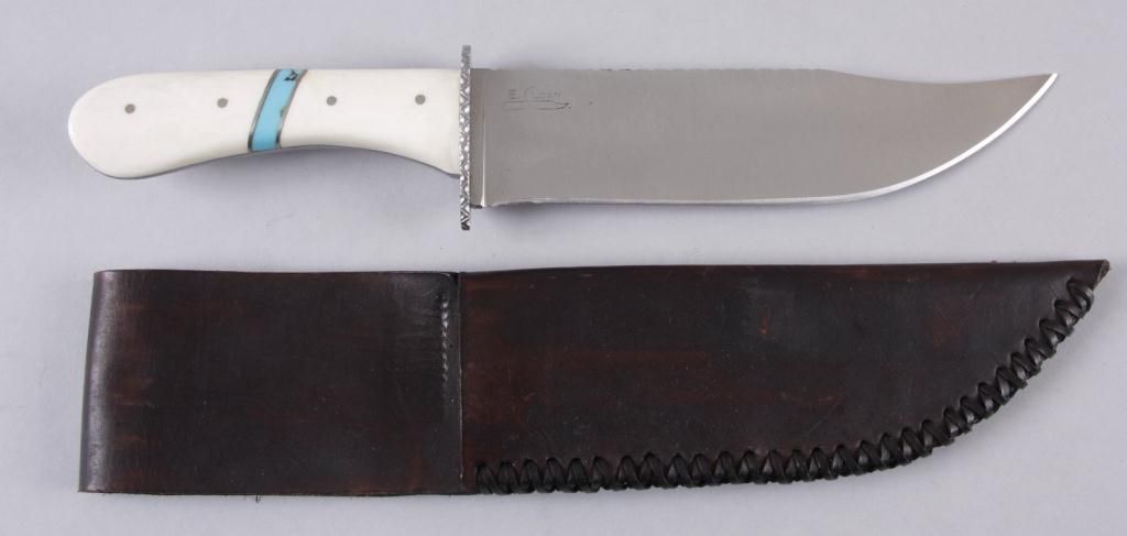 Ellis Sloan Bowie KnifeBone handles, turquoise insert, steel blade ...