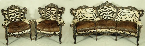 3 Pc. Set of Faux Zebra Skin Couch & Chairs