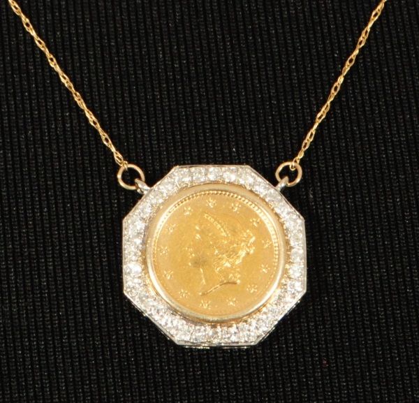 1852 US $1 Gold Coin & 14kt Diamond Bezel Necklace