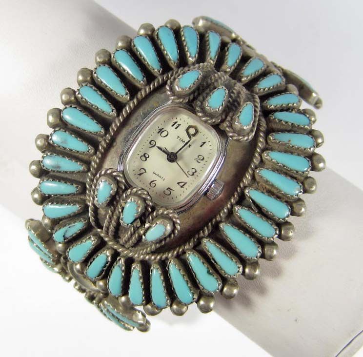 NATIVE AMERICAN INDIAN NAVAJO STERLING SILVER AND TURQUOISE WATCH BAND