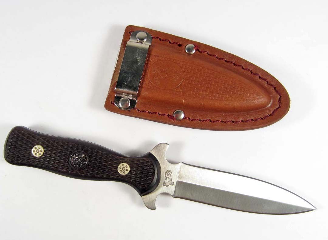 COLT BOOT KNIFE W/ BLACK CHECKERED WOOD HANDLE AND SHEATH