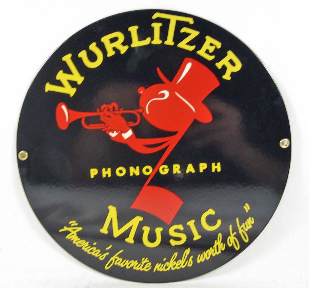 WURLITZER PHONOGRAPH MUSIC PORCELAIN ADVERTISING SIGN