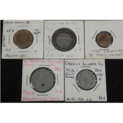 5 Diff Old Store Tokens, Lumber, Supply, Ohio, Ore, Ala
