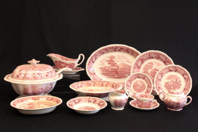 English scenic Staffordshire dinnerware set