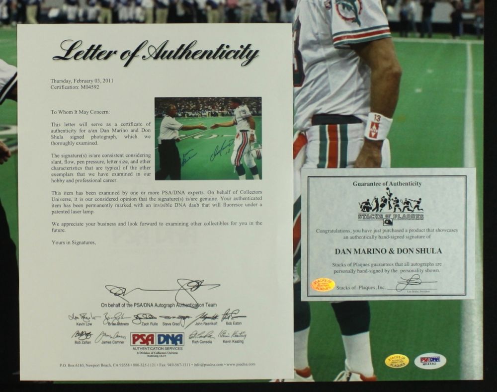 Don Shula & Dan Marino Signed Dolphins 16x20 Photo (PSA LOA & SOP COA)