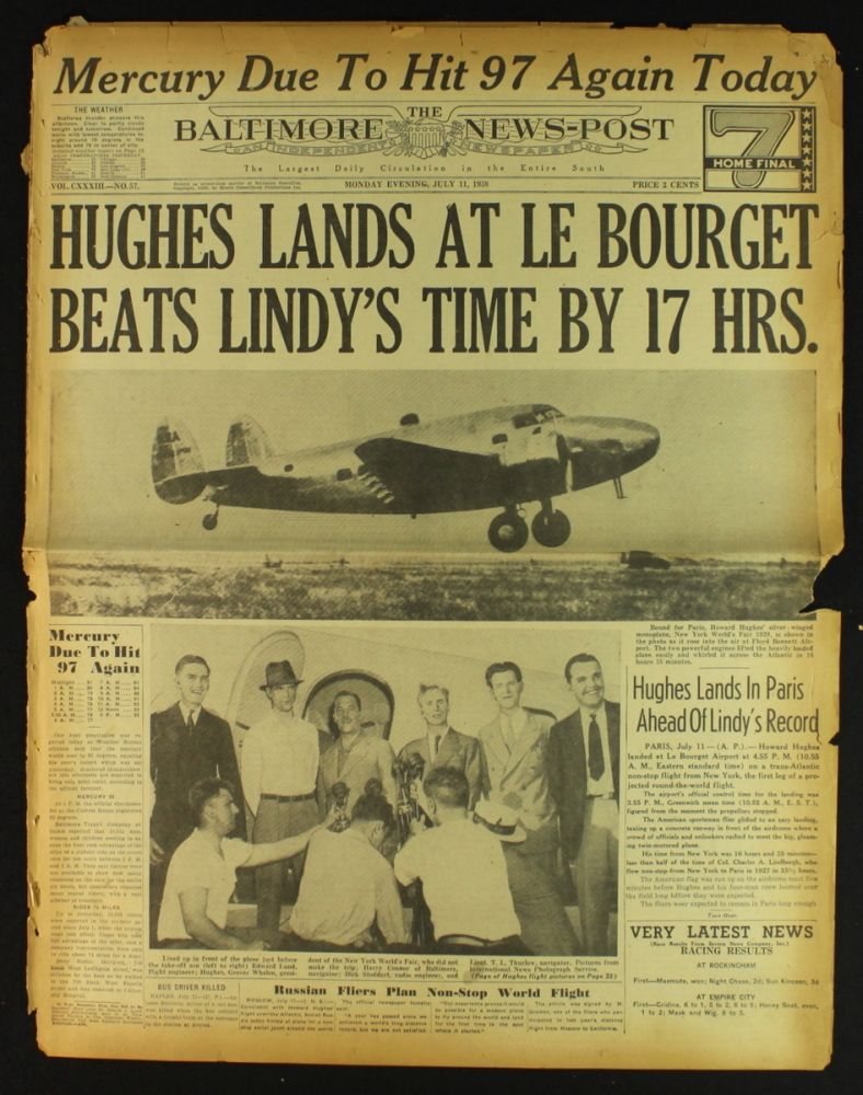Vintage 1938 Newspaper with Headline "Hughes Lands At Le Bourget Beats ...