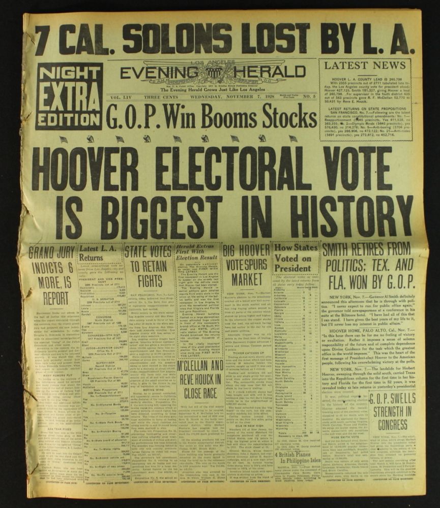 Vintage 1928 Newspaper with Headline "Hoover Electoral Vote Is Biggest ...