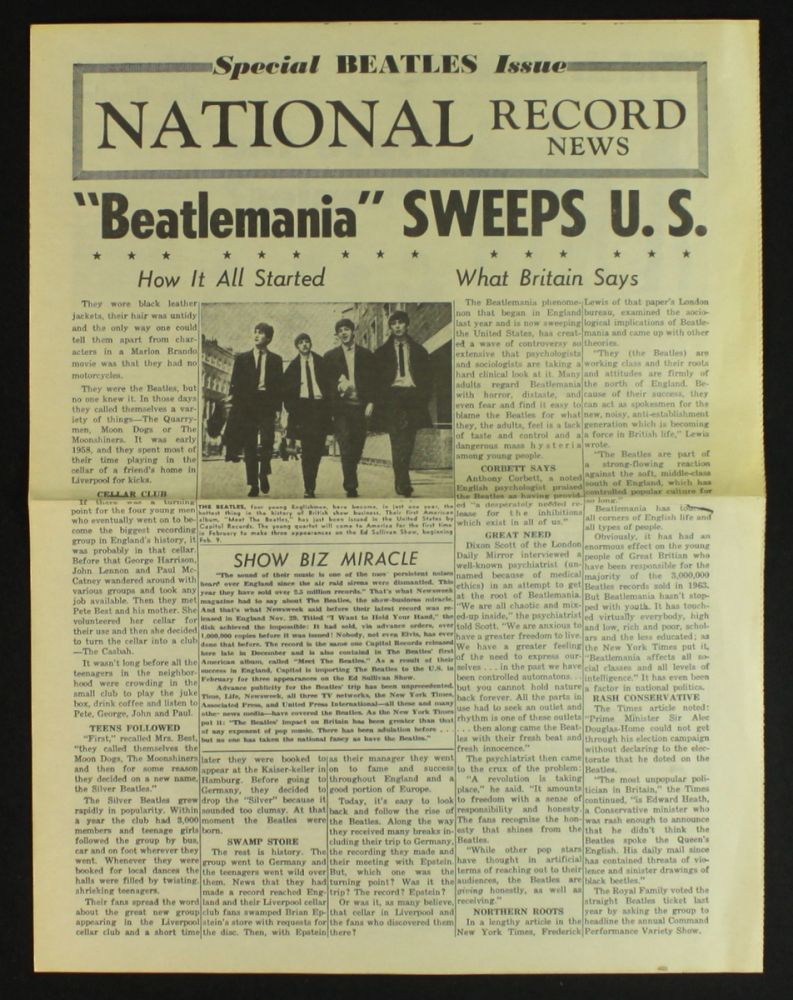 Vintage 1964 Newspaper with Headline "Beatlemania Sweeps U.S."
