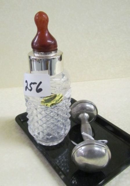Crystal Baby Bottle by Godinger Silver and Web Pewter Rattle