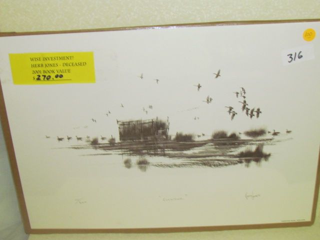 Herb Jones print, (171/500) "Currituck" Geese over Marsh with hunter ...