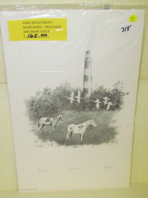Herb Jones print, (30/750) "Assateage" Horses with light house -signed ...