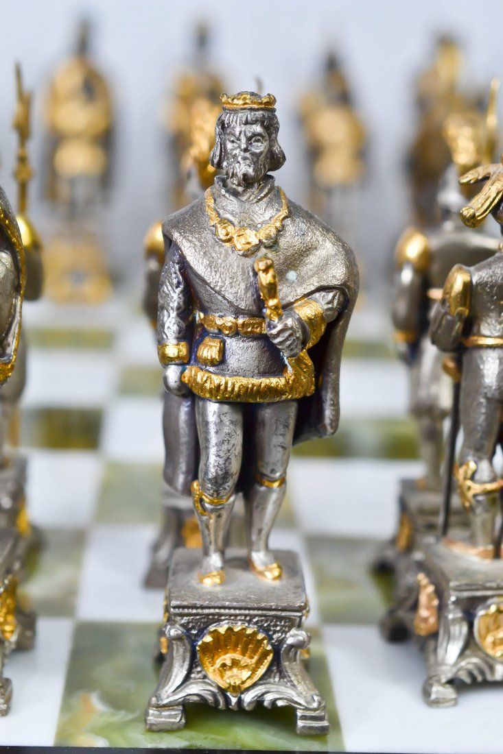 Vintage silver & gold over bronze chess set