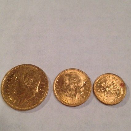 3 Mexico Gold Pesos Coins, Uno, Dos, Cinco