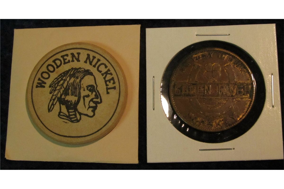 920. Bill Hull Wooden Nickel & Green River Whiskey Token.