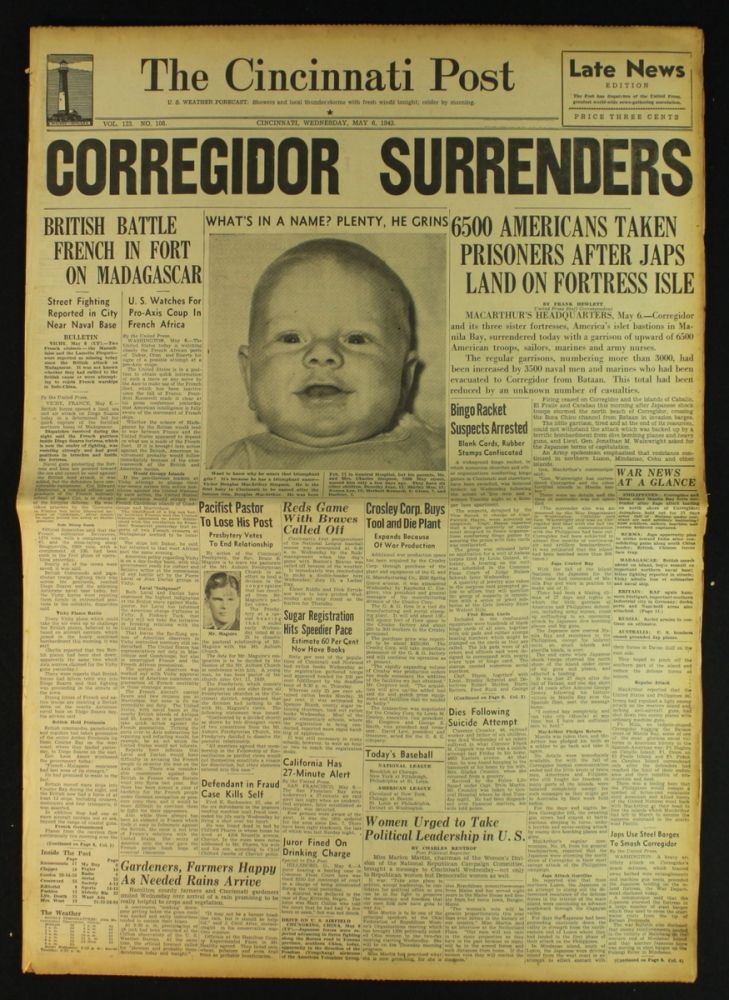 Vintage 1942 Newspaper with WWII Headline "Corregidor Surrenders"