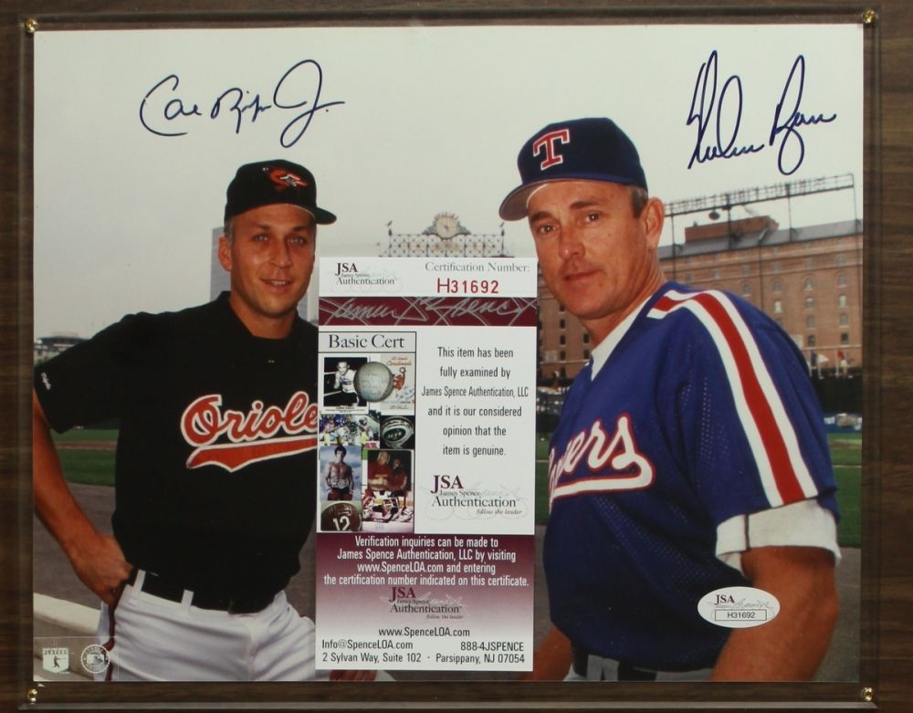 Cal Ripken Jr & Nolan Ryan Signed 8x10 Photo with Plaque (JSA COA)