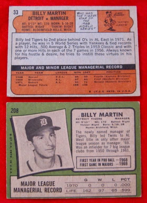 1971 & 1972 Topps Billy Martin Baseball Cards