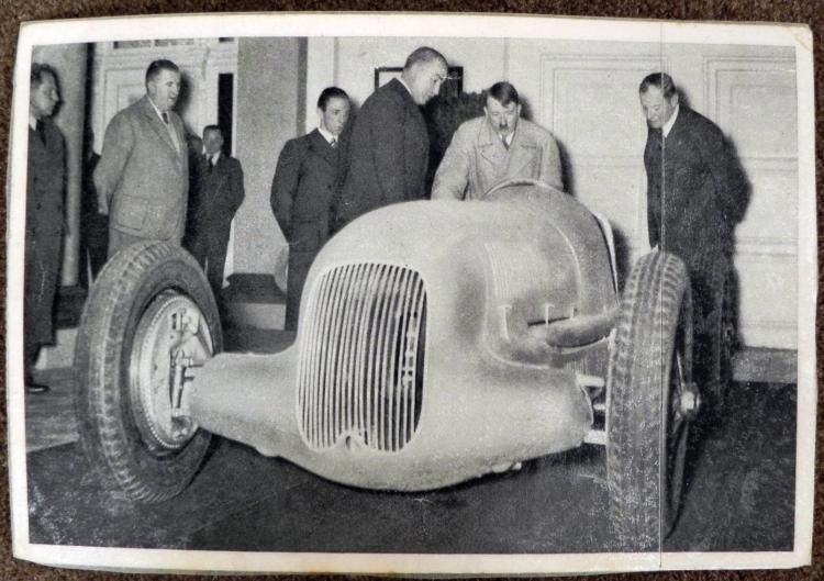 WWII NAZI PHOTO HITLER EXAMINING A MERCEDES SPORTS CAR